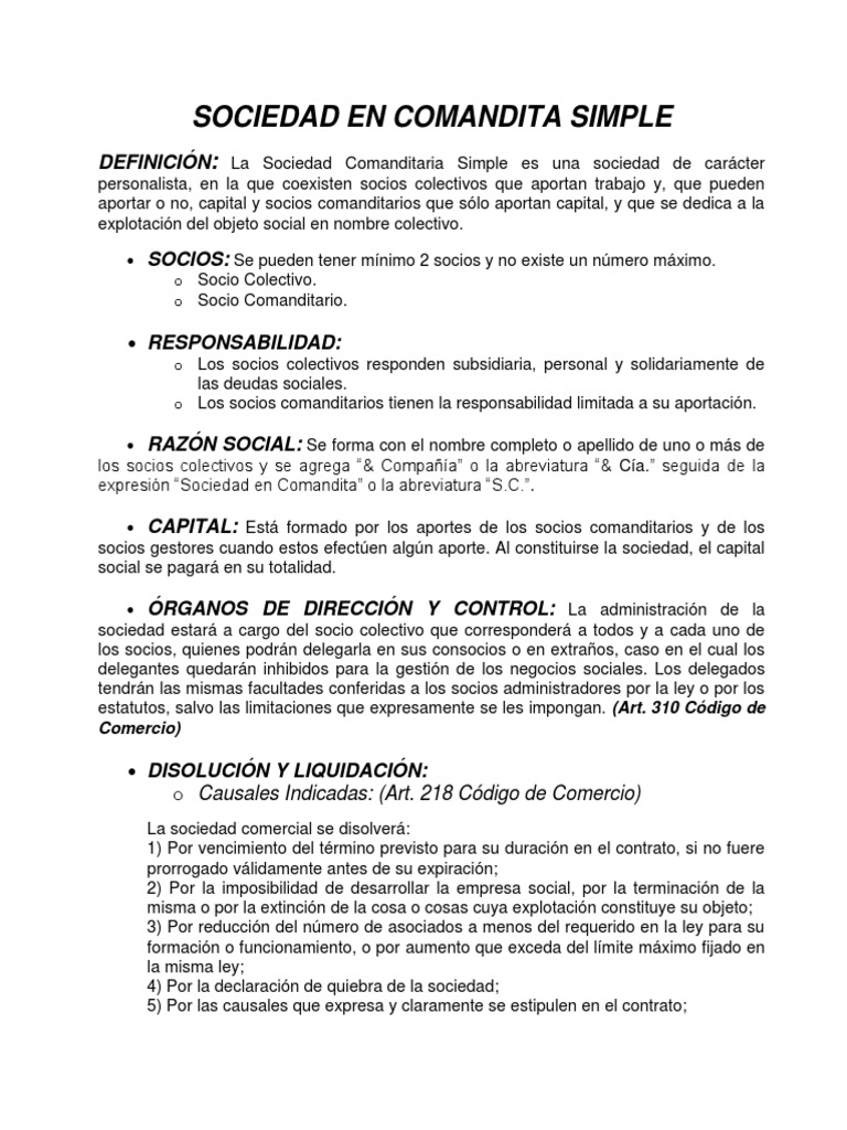 Sociedad en Comandita Simple | PDF | Sociedad de responsabilidad limitada | Derecho Corporativo