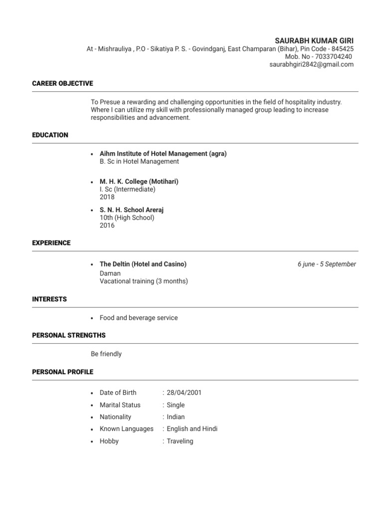 Hospitality Career Objective and Profile | PDF