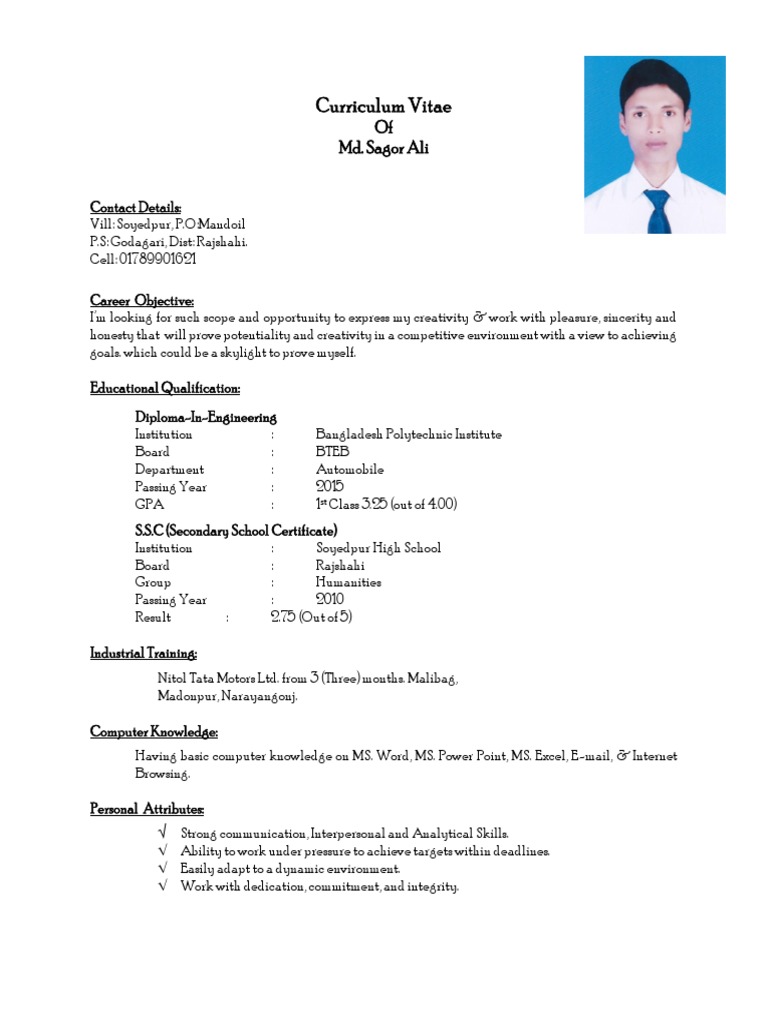 Curriculum Vitae: of Md. Sagor Ali | PDF | Bangladesh | Cognition