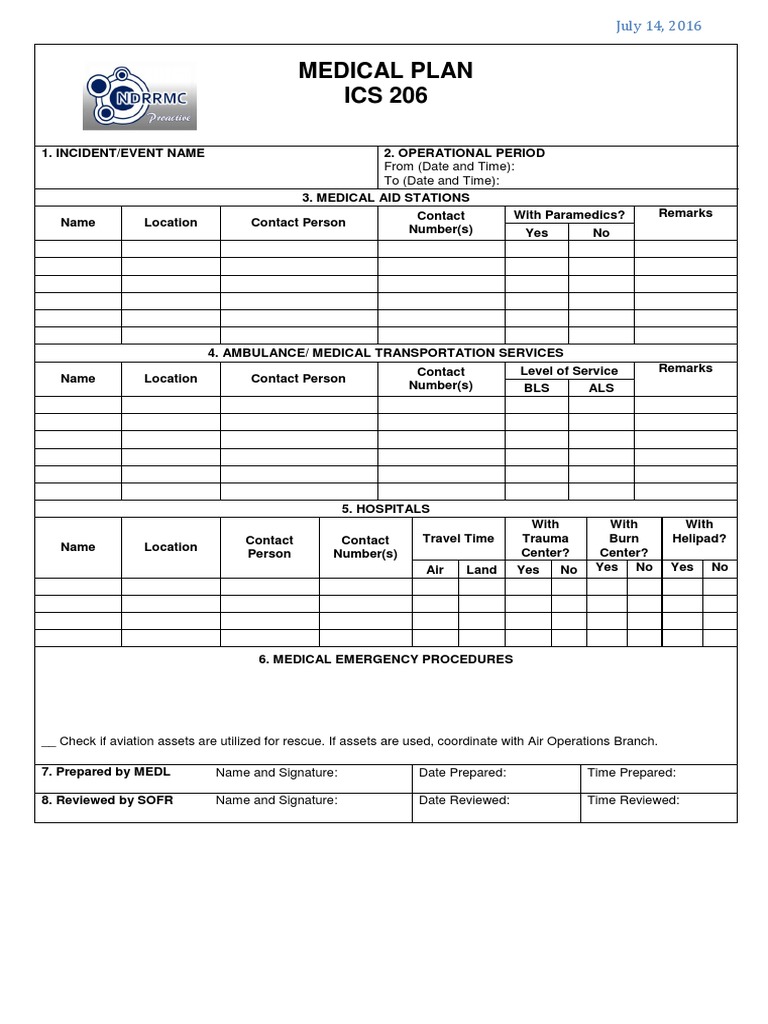 Medical Plan ICS 206 | PDF | Paramedic | Public Safety