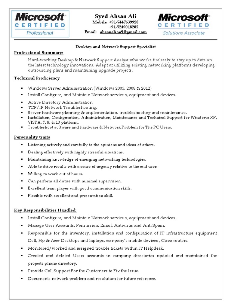 Desktop and Network Support Specialist | PDF | Desktop Computer ...