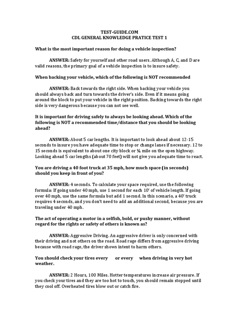 CDL General Knowledge Tests | PDF | Driving | Vehicles