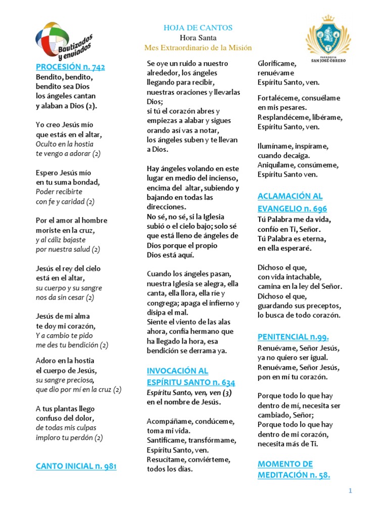Hoja de Cantos Hora Santa | PDF | Oración | eucaristía