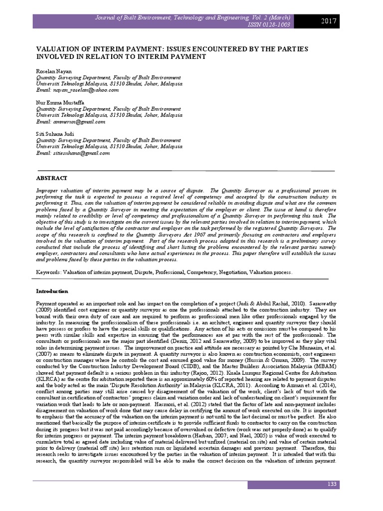 Valuation of Interim Payment: Issues Encountered by The Parties ...