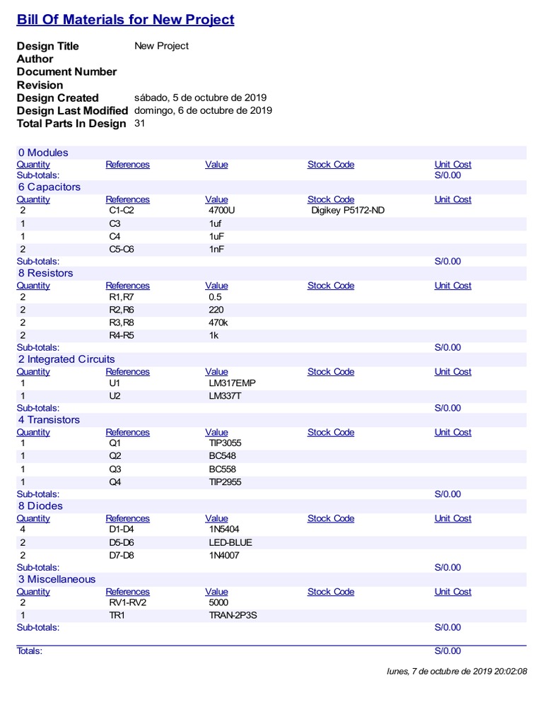 Bill of Materials | PDF | Electrical Components | Electronic Circuits
