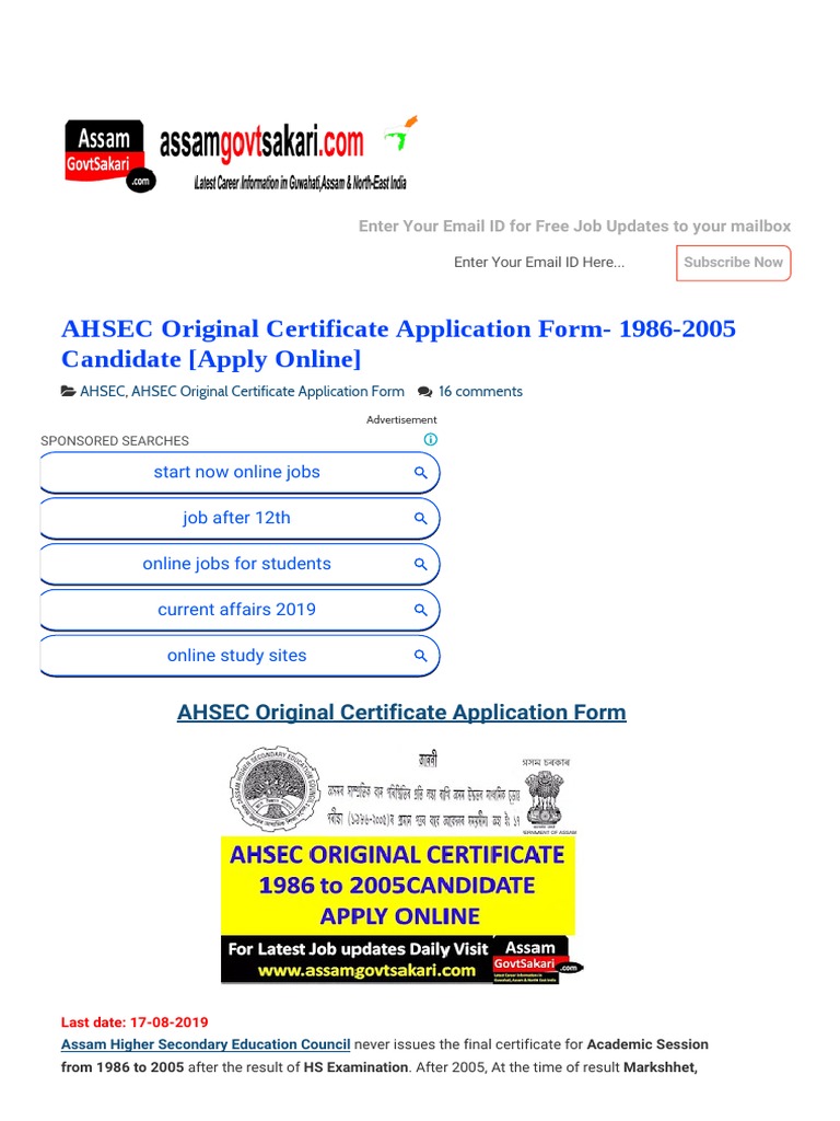 AHSEC Original Certificate | PDF | Online And Offline | Birth Certificate