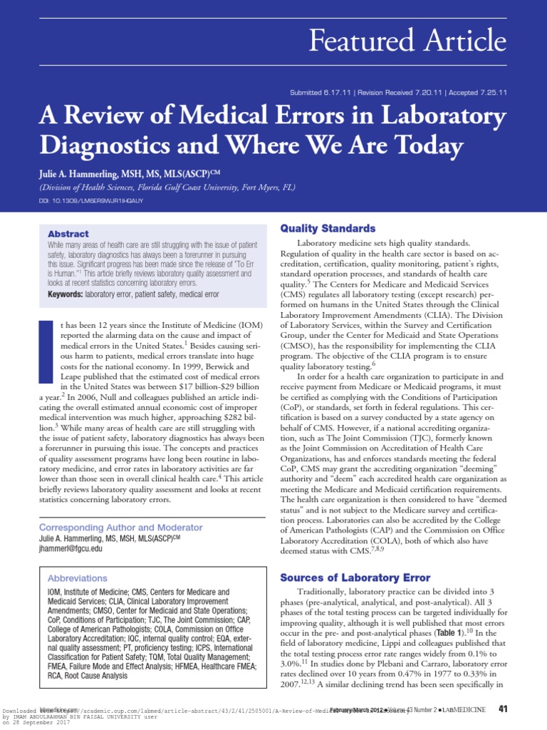 A Review of Medical Errors in Laboratory Diagnostics and Where We Are ...