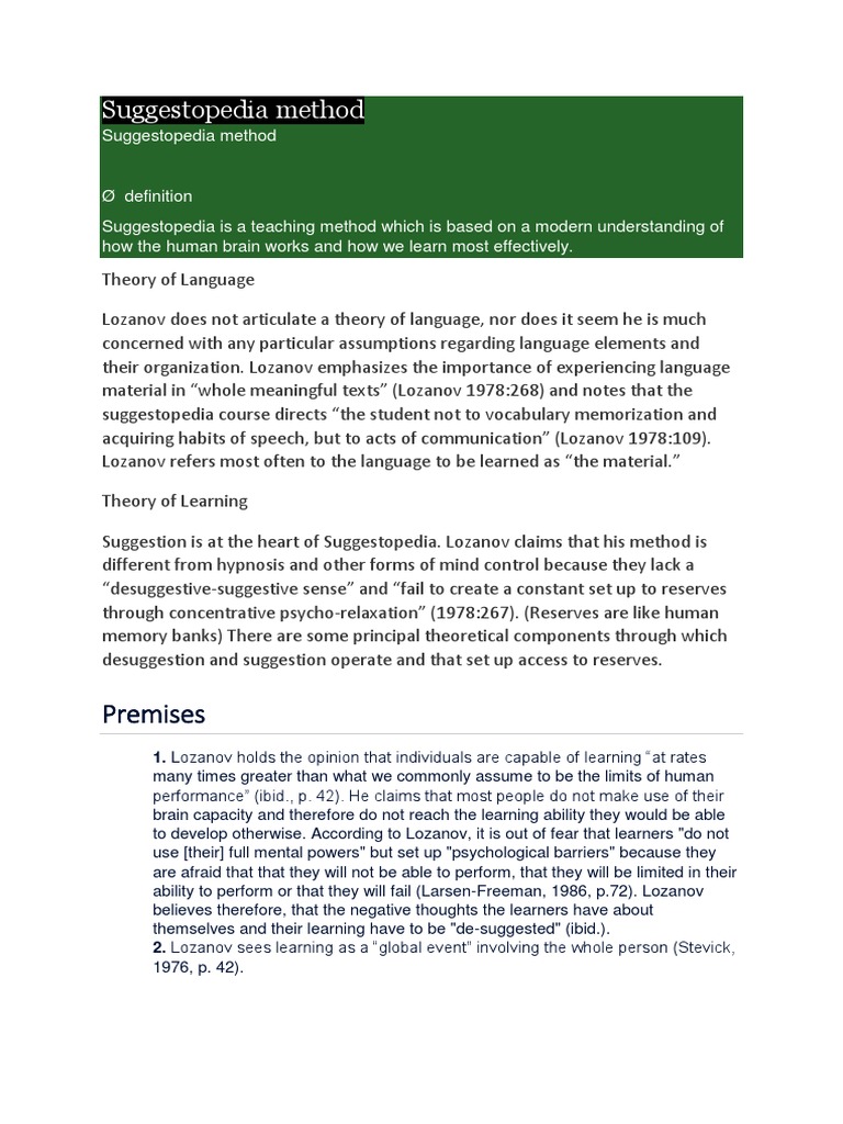 Suggestopedia Method: Premises | PDF | Vocabulary | Learning