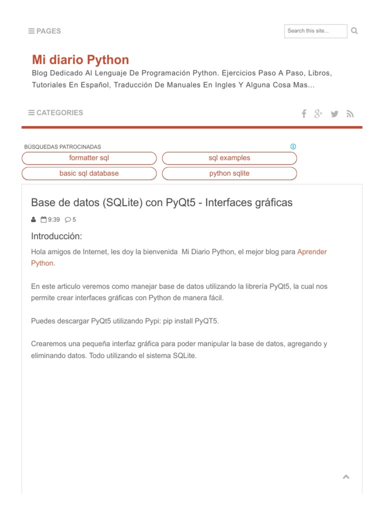 Base De Datos Sqlite Con Pyqt5 Interfaces Gráficas Mi Diario Python Pdf Sql Python 