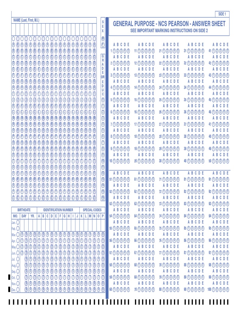General Purpose - Ncs Pearson - Answer Sheet: See Important Marking Instructions On Side 2 | PDF