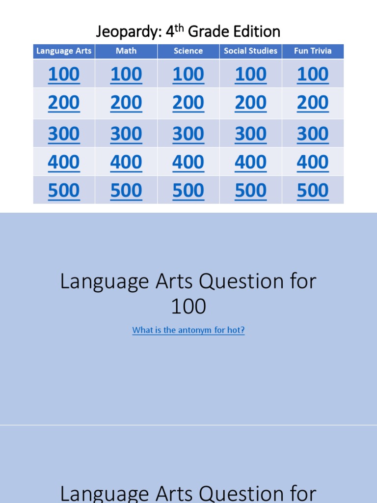 Jeopardy: 4 Grade Edition: Language Arts Math Science Social Studies ...
