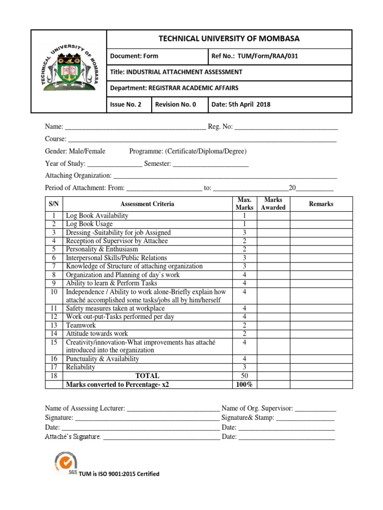 Industrial Attachment Assessment Form | PDF | Cognition | Learning