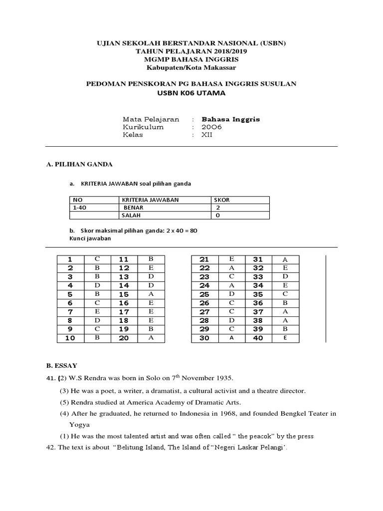 Kunci Jawaban Soal Usbn Bhs. Inggris k06 Utama | PDF