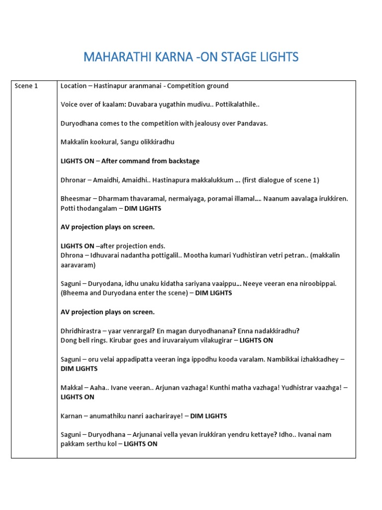 Maharathi Karna - On Stage Lights | PDF | Hindu Mythology | Vaishnava Texts