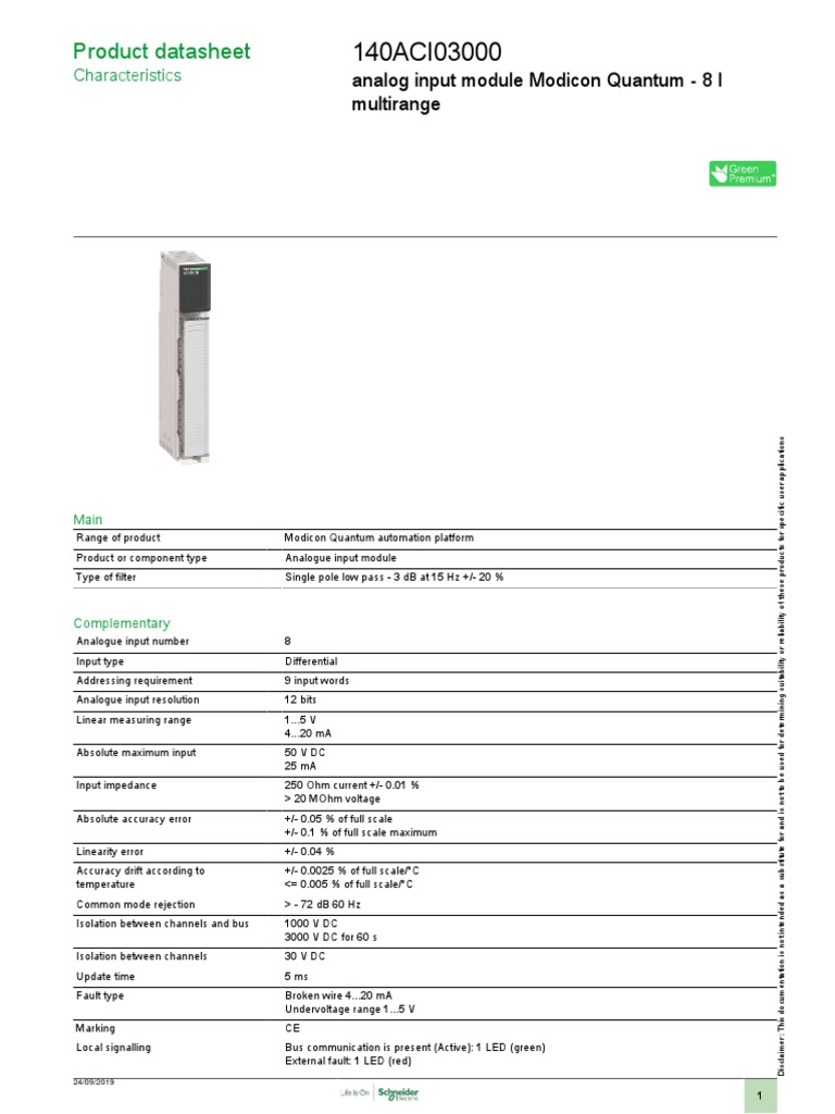 Product Datasheet: Analog Input Module Modicon Quantum - 8 I Multirange ...