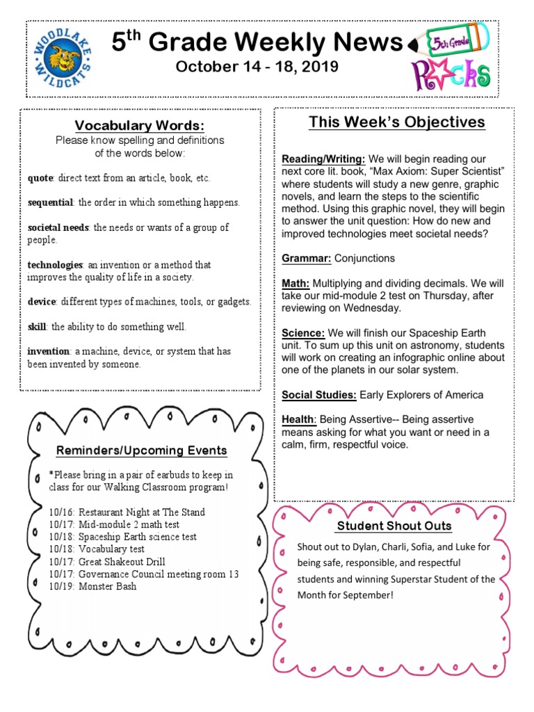 5 Grade Weekly News: TH October 14 - 18, 2019 | PDF | Vocabulary | Science