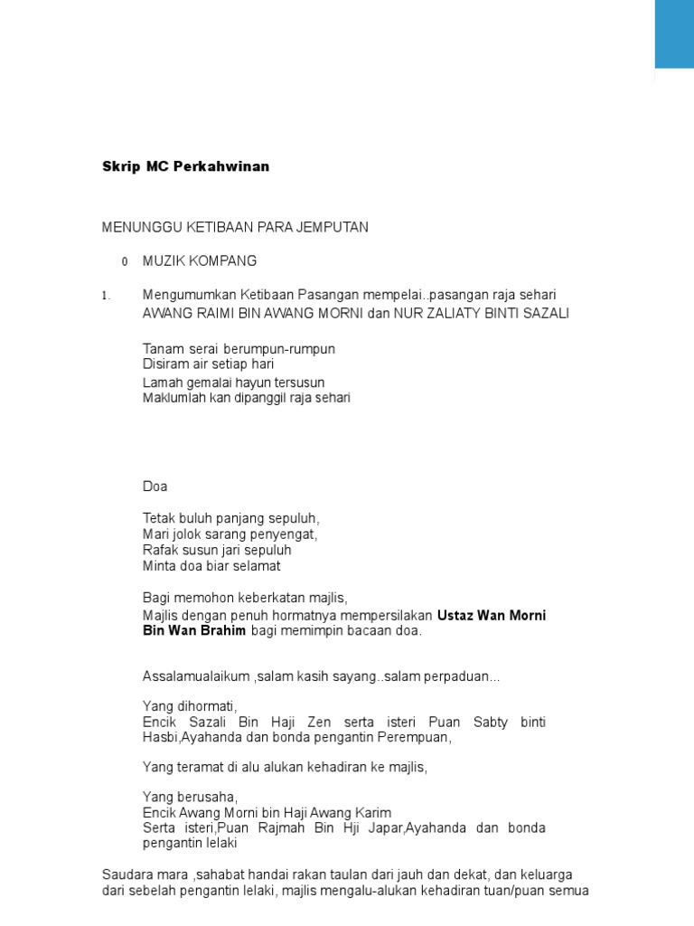 Skrip MC Majlis Perkahwinan 2019 | PDF | Memasak, Makanan, & Anggur ...