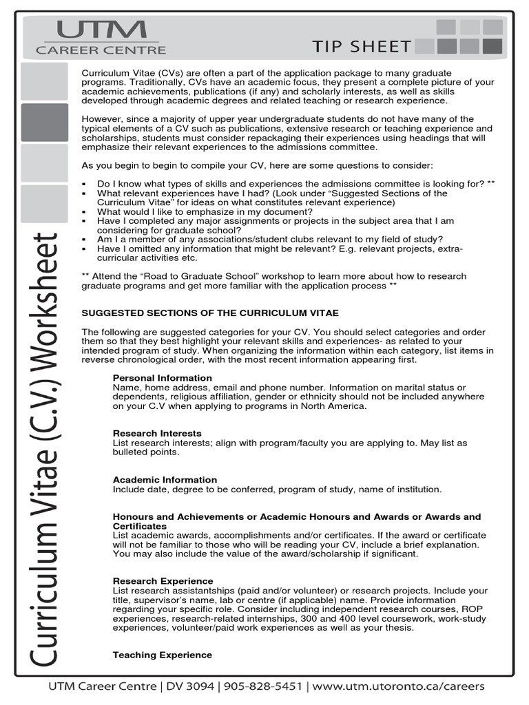 Curriculum Vitae CV Worksheet | PDF | Curriculum | Graduate School