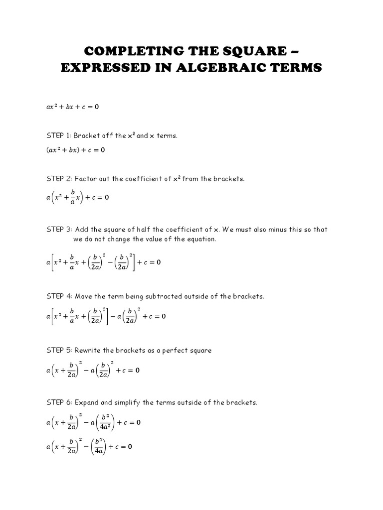 Completing The Square Algebraic Working | PDF
