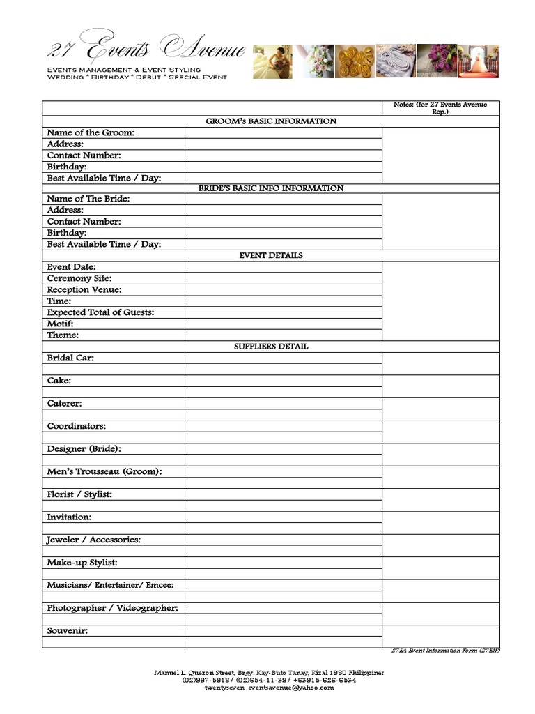 27 Events Avenue Client Information Sheet | PDF