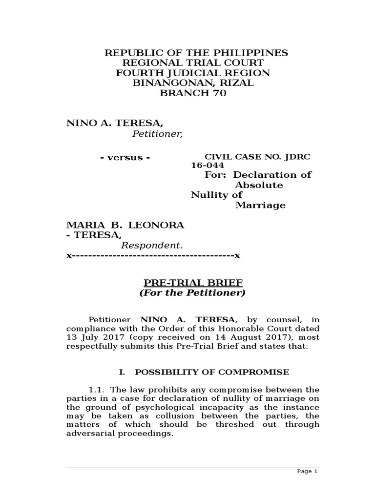 Pre-Trial Brief Sample | Download Free PDF | Annulment | Marriage