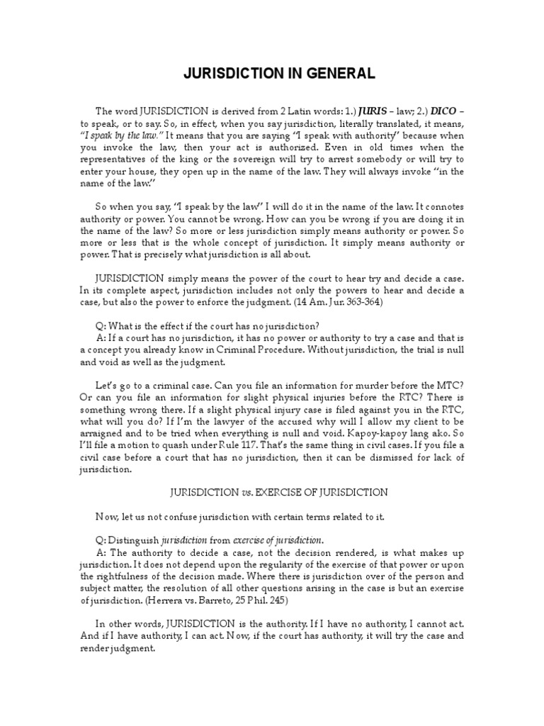Jurisdiction in General PDF | PDF | Jurisdiction | Judgment (Law)