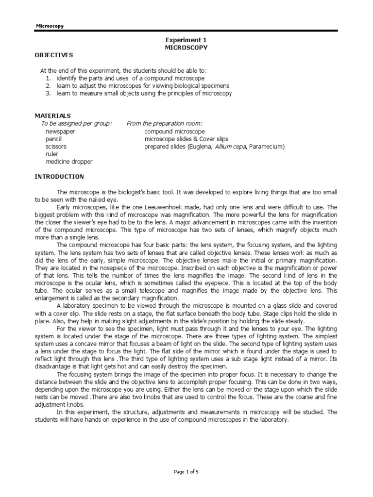 Experiment 1 - Micros | PDF | Lens (Optics) | Microscope