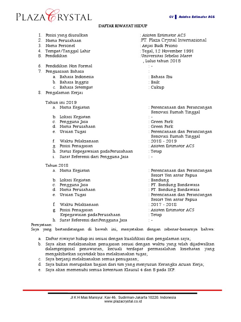 CV Asisten Estimator Acs Anjas | PDF