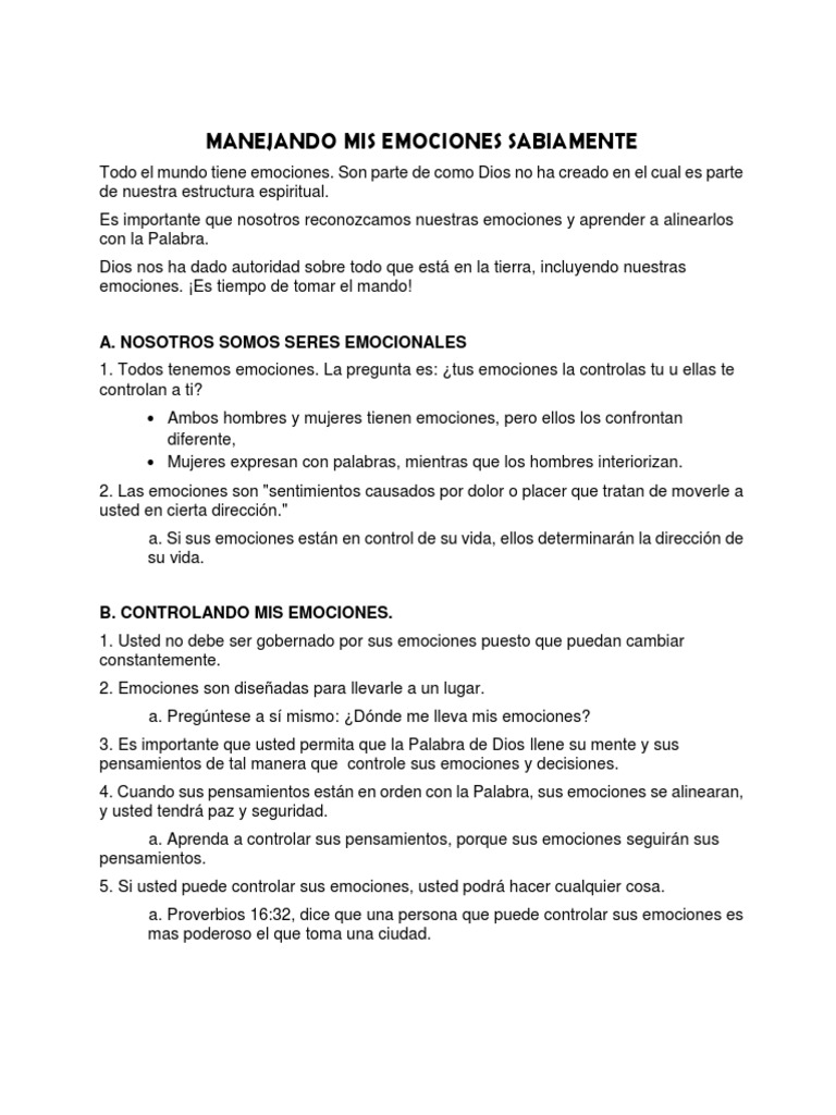 Manejando Mis Emociones Sabiamente Pdf Las Emociones Bienestar