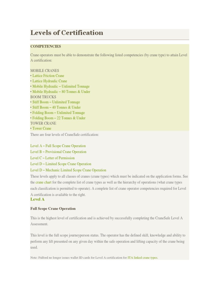 Levels of Crane Operator Certification Requirements | PDF ...