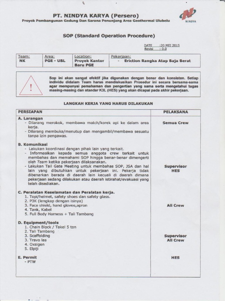 SOP & JSA Eriktion Rangka Atap Baja Berat PDF | PDF