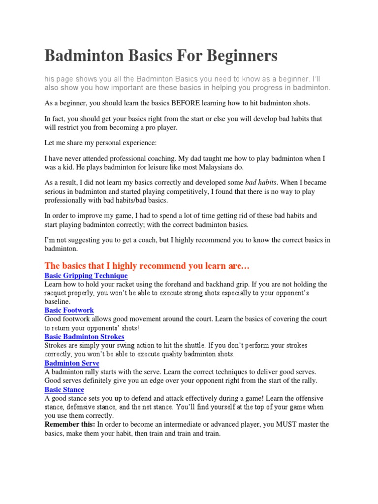 Badminton Basics For Beginners | PDF | Games Of Physical Skill ...