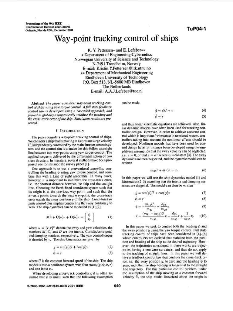 Way-Point Tracking Control of Ships: Kristin.Y.Pettersen@itk - Ntnu.no ...