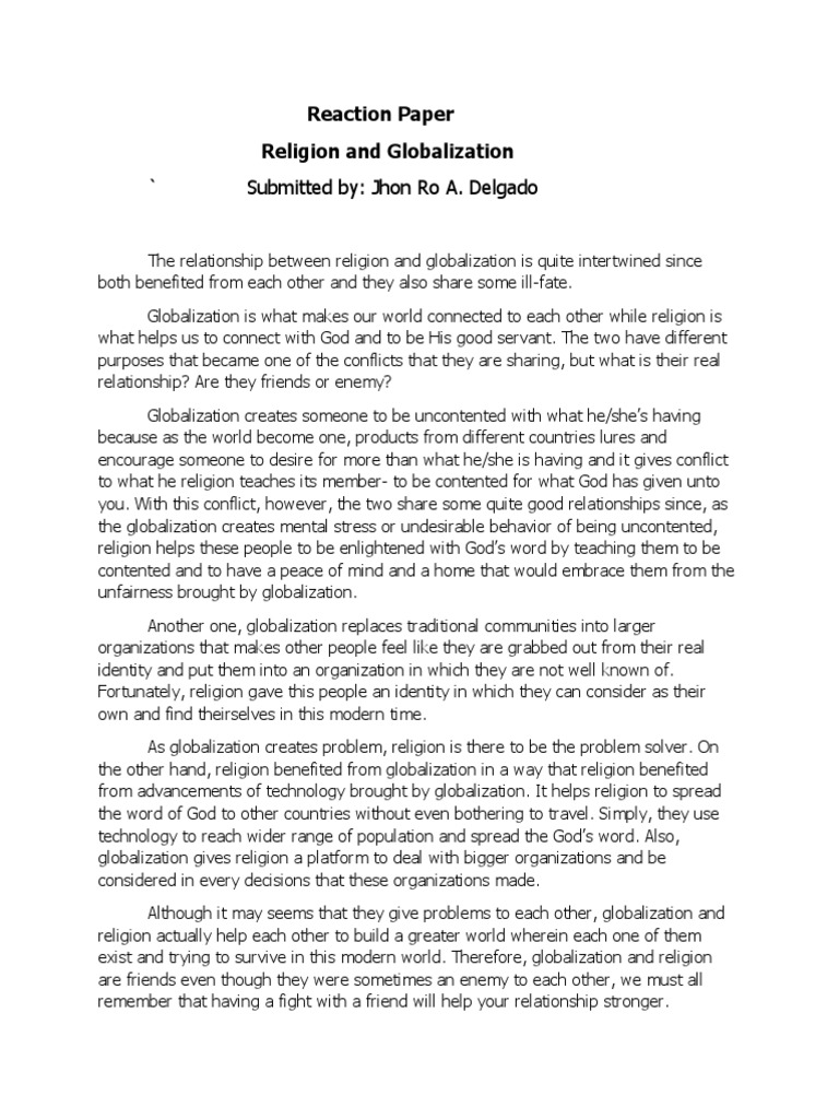 ' Submitted By: Jhon Ro A. Delgado: Reaction Paper Religion and ...