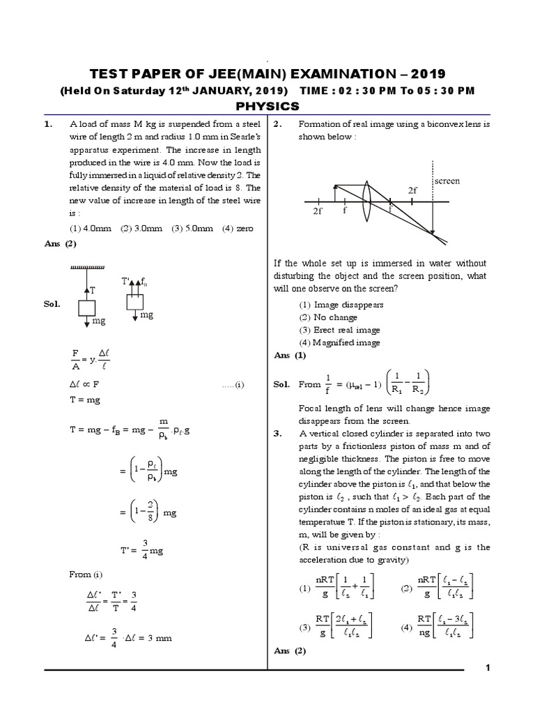 JEE Main 2019 Physics Test | PDF | Gases | Mechanics