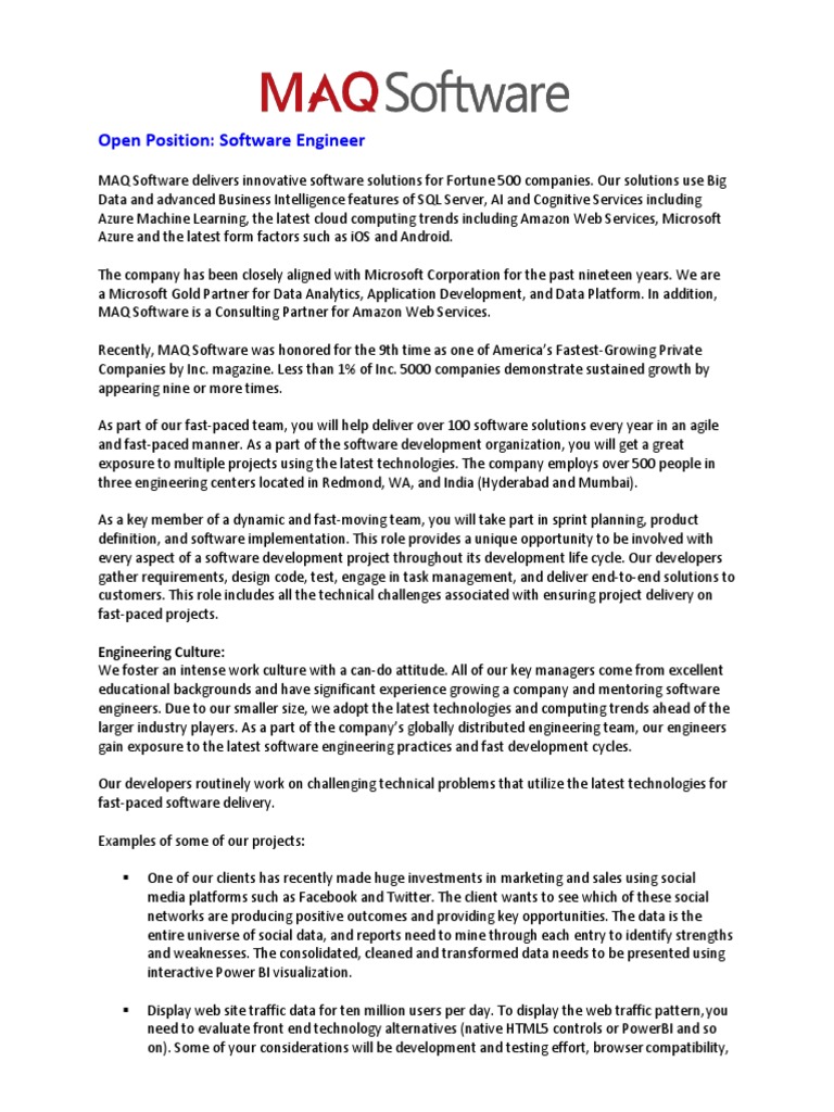 Open Position: Software Engineer: Engineering Culture | PDF | Business Intelligence | Microsoft ...