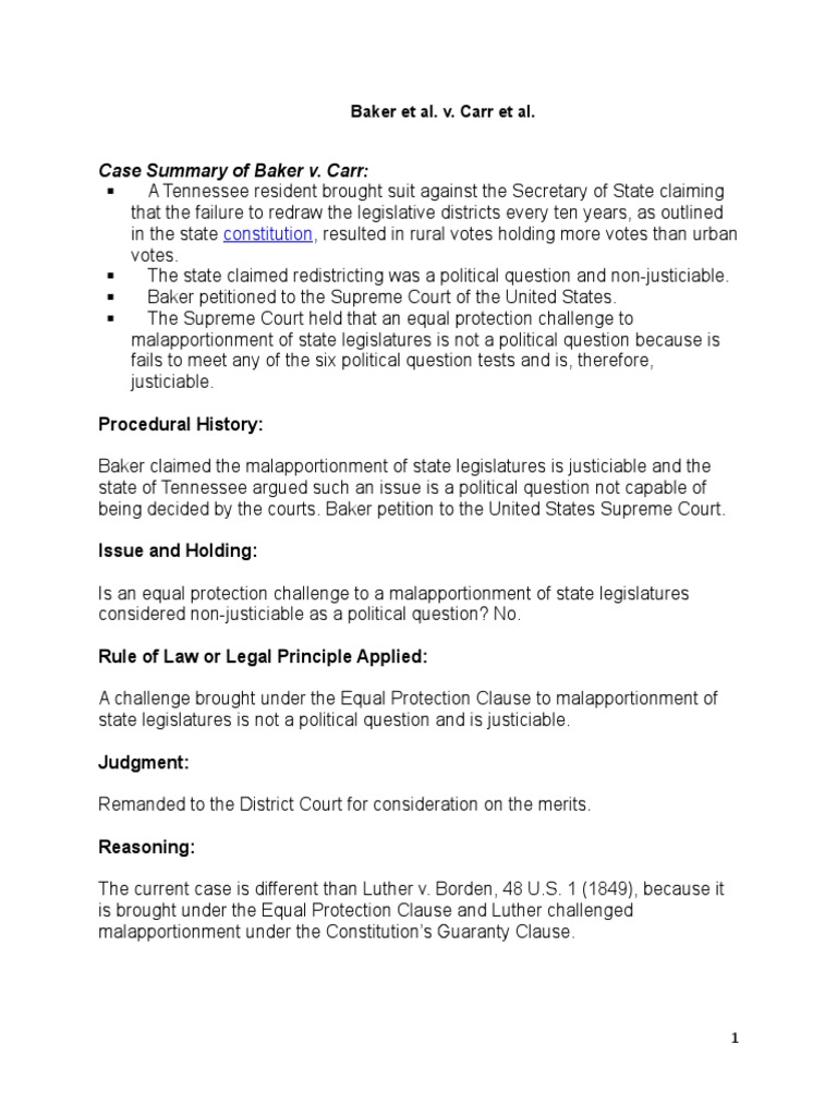 Baker V Carr (Case Digest by H. Caputol) | PDF | Baker V. Carr | U.S. State