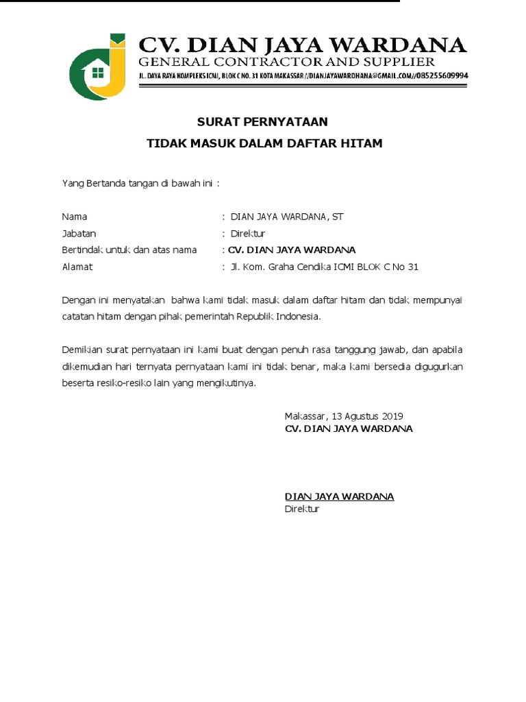 SURAT PERNYATAAN Tidak Masuk Dalam Daftar Hitam SURAT PERNYATAAN Tidak Masuk Dalam Daftar Hitam