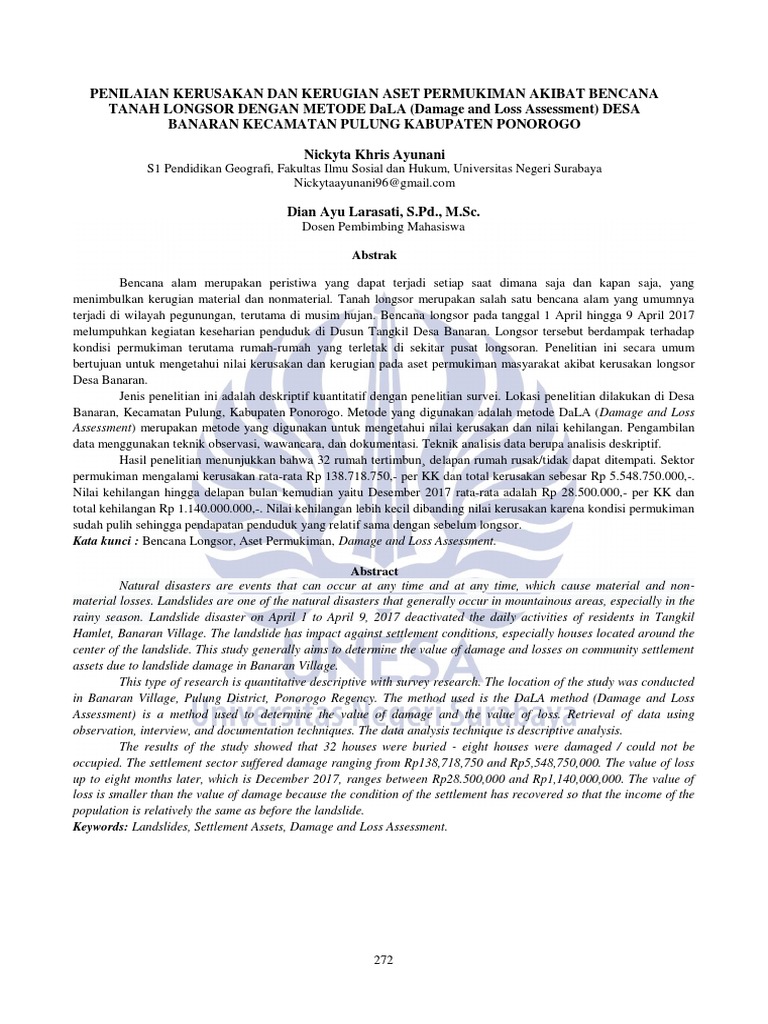 Penilaian Kerusakan Dan Kerugian Aset Permukiman Akibat Bencana Tanah ...