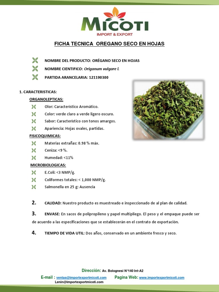 Ficha Técnica del Orégano Seco | PDF | Cocina, comidas y vino