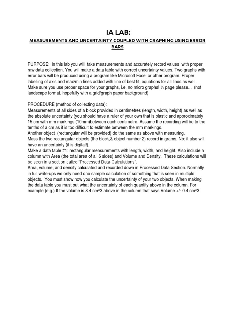 Ia Lab:: Measurements and Uncertainty Coupled With Graphing Using Error Bars | PDF | Measurement ...