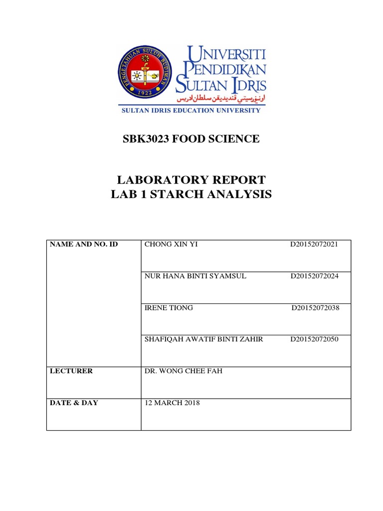 Laboratory Report Lab 1 Starch Analysis: Sbk3023 Food Science | PDF ...
