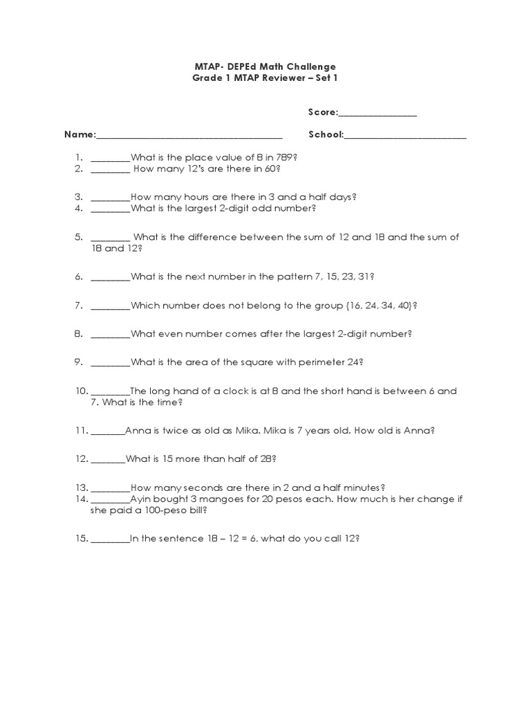 Mtap-Deped Math Challenge Grade 1 Mtap Reviewer - Set 1 | Download Free ...