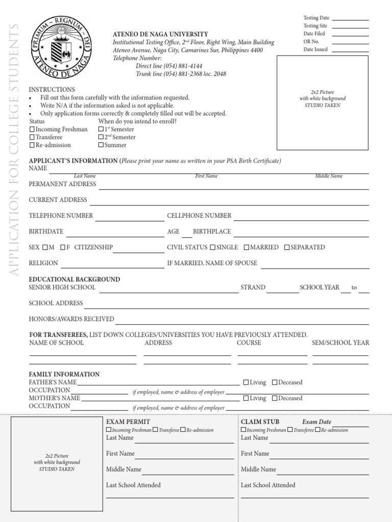 Ateneo de Naga University College Application Form | PDF | Bachelor's ...