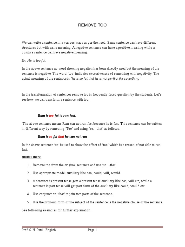 Remove Too: Ex. He Is Too Fat | PDF | Sentence (Linguistics ...