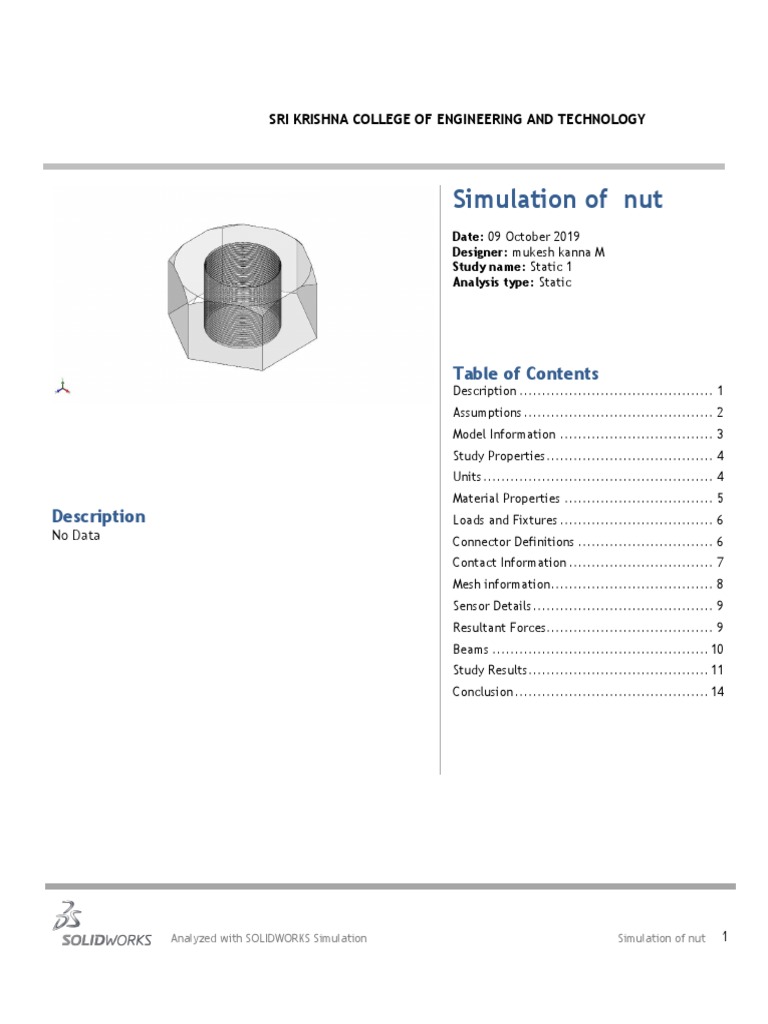 Static Structural Analysis of a Nut: Simulation of Stresses, Displacements, and Reactions | PDF ...