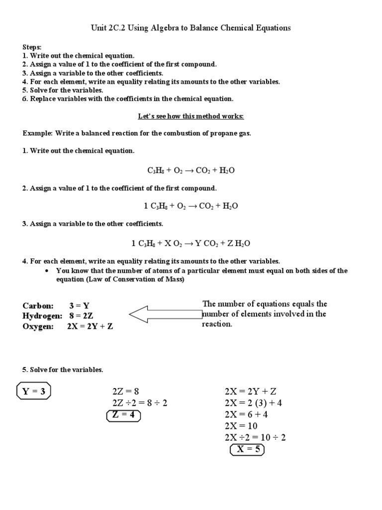 Algebra for Balancing Equations | PDF | Propane | Equations