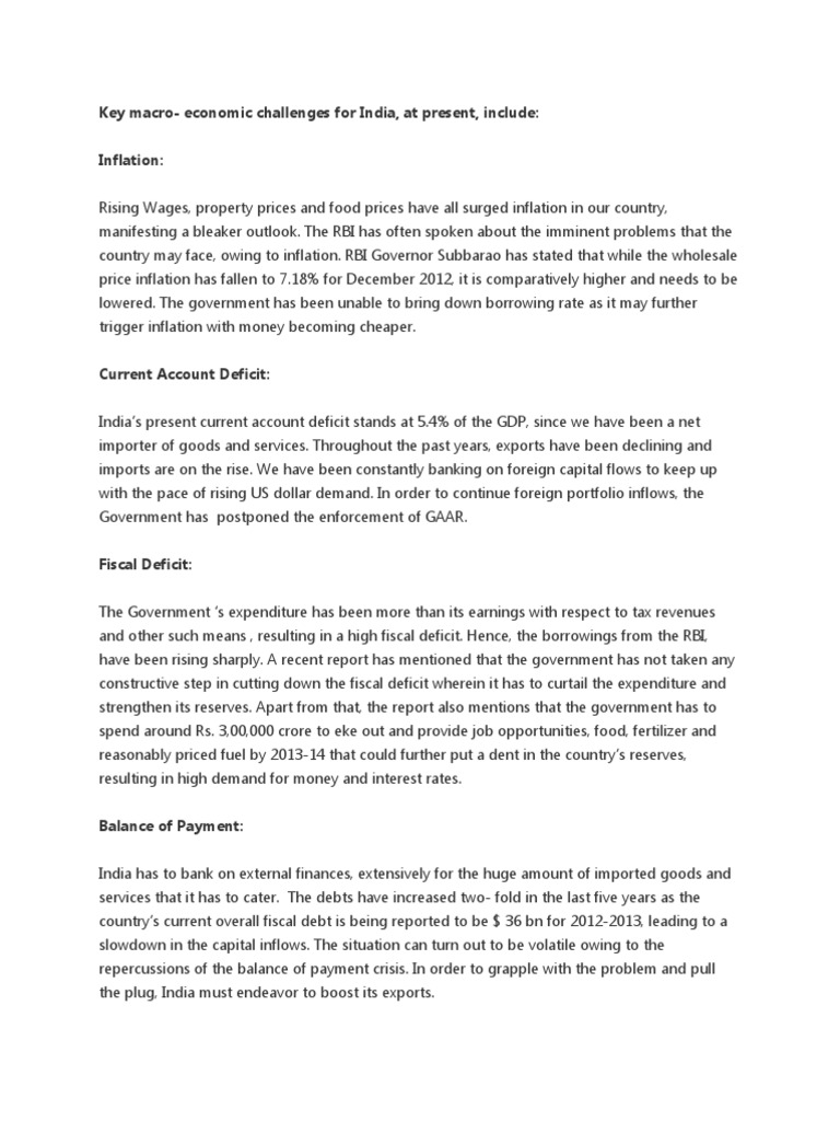 Key Macro Economic Challenges For India At Present Include Inflation