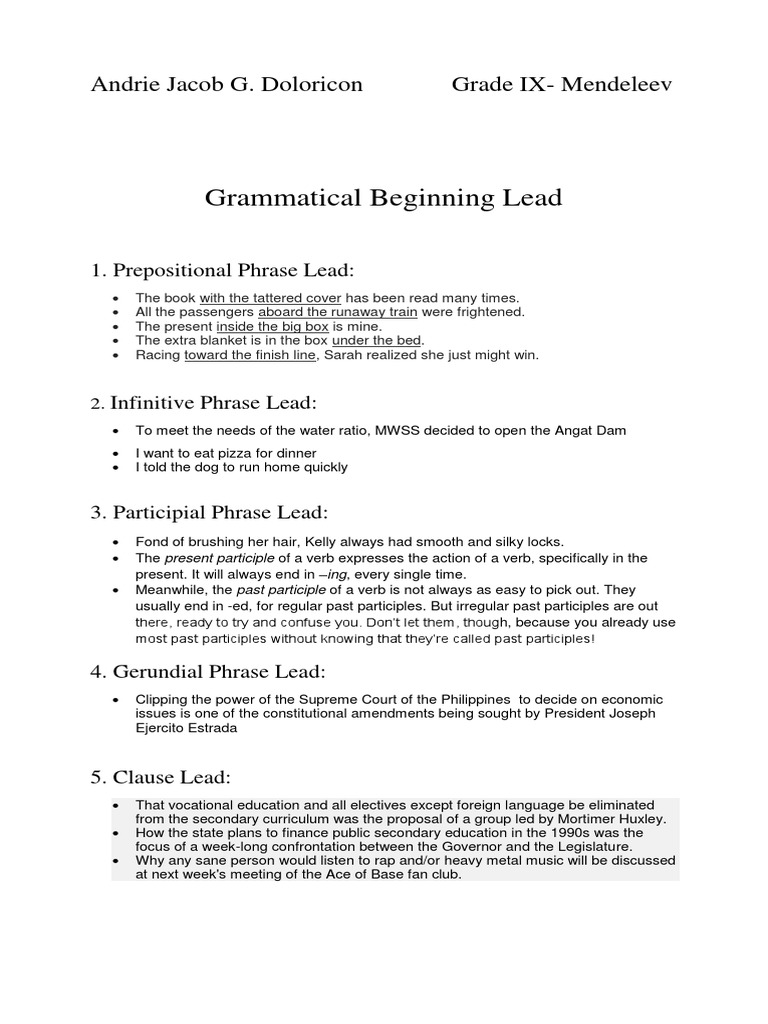 Grammatical Beginning Lead Types in Academic Writing | PDF | Verb | Syntax
