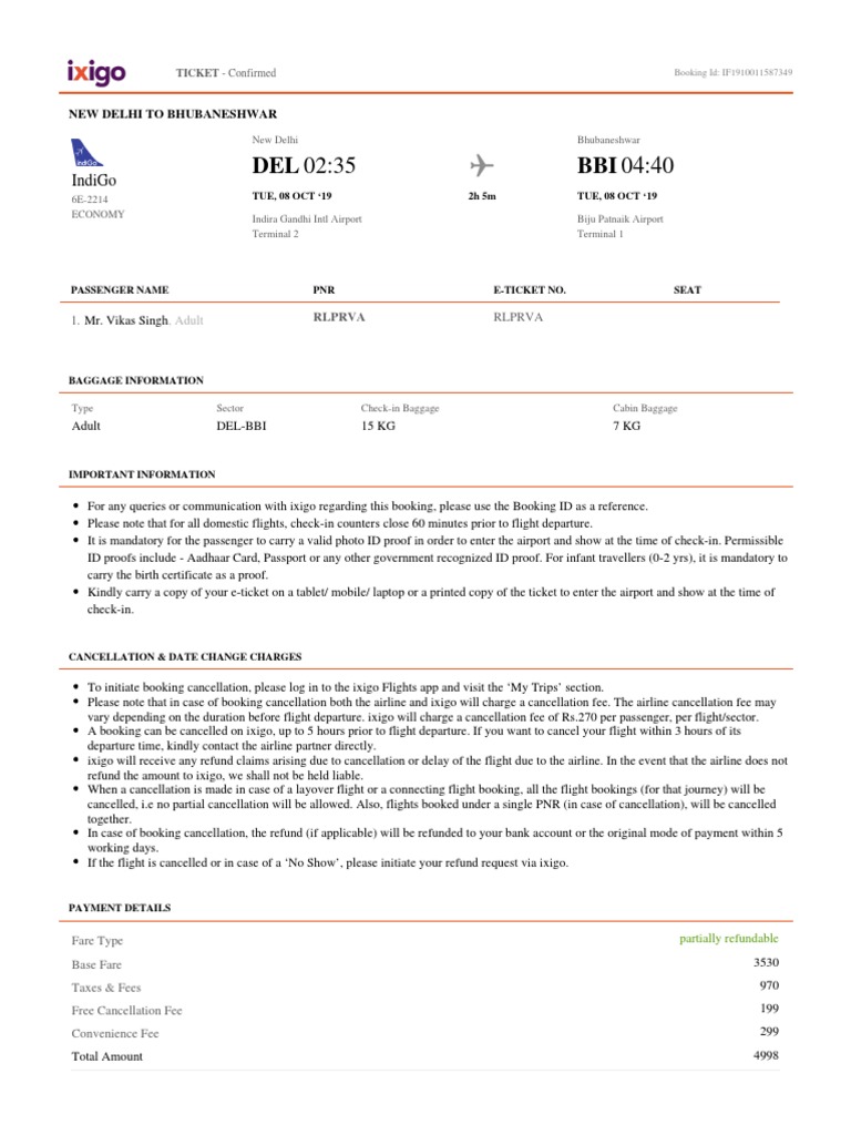 Ticket DEL-BBI IF1910011587349 | PDF | Services (Economics) | Transport